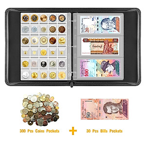 Silph PLC Coin Collection Book Holder for Collectors, Coin Album Binder Storage Box Case for Money Currency Collection Supplies - [300 Coins Pockets+30 Bills Pockets]