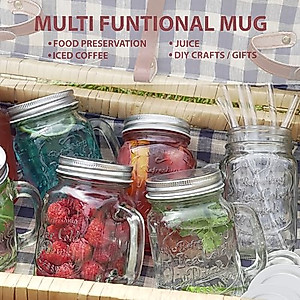 Pinkrella Mason Drinking Jars, 16 oz Glass Mugs Set of 6 with Handles, Airtight & Straw Lids, Glass Straws, Cleaning Brushes