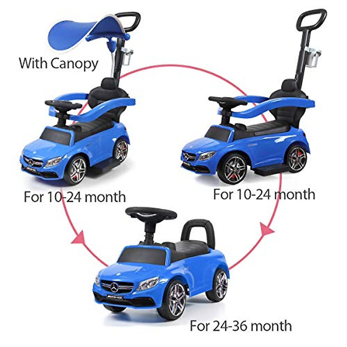 TOBBI Push Cars for Toddlers,3 in 1 Mercedes Benz Kid Ride on Toy Stroller Sliding Walking Car w/Removable Canopy,Handle, Safety Bar, Cup Holder,Horn Music,Under Seat Storage for Boys & Girls in Blue