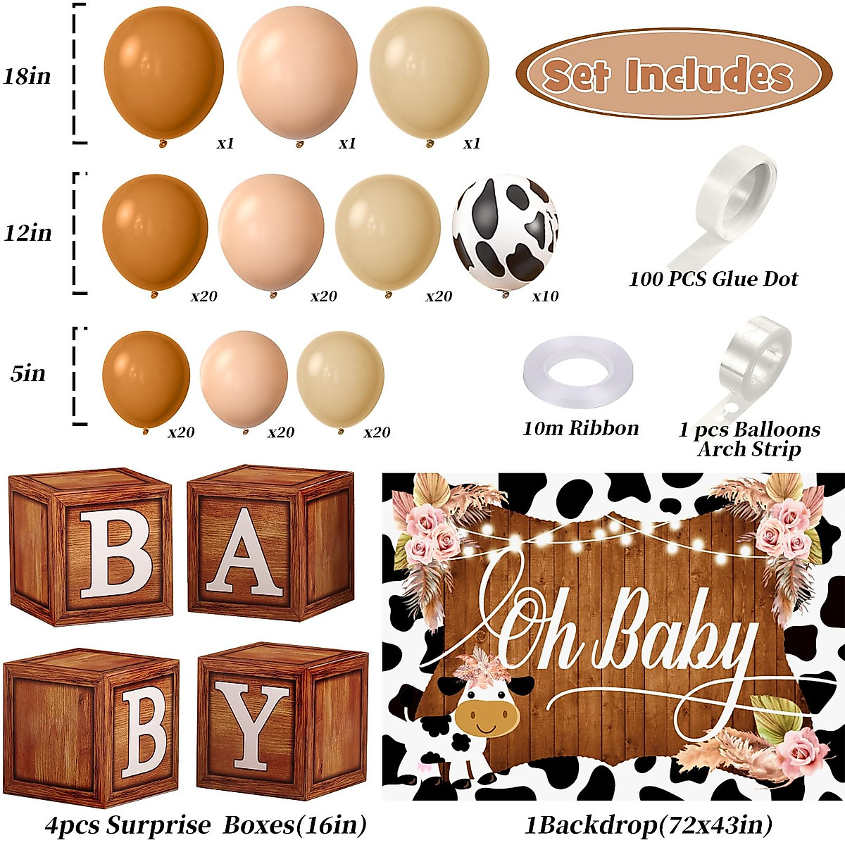 Winrayk 141Pcs Cow Baby Shower Decorations for Boy Girl Cow Birthday Party Decorations Supplies Cow Print Balloon Arch Baby Boxes with Letters Oh Baby Backdrop Farm Holy Cow Im One Birthday Decoration