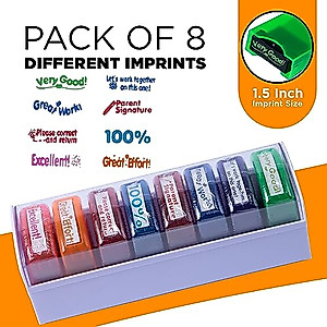 Tickselect Teacher Stamps for Classroom Grading 8PCS – Rectangular Self Inking Stamps Set for Teachers with Different Messages –Homeschool & Teacher Supplies – Comes with Bonus Storage Tray