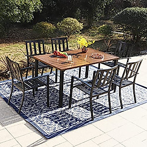 HERA'S HOUSE 7 Pieces Patio Dining Set, Outdoor Table and Chairs Set for 6, 60" Wood Look Table and 6 x Metal Patio Chairs for Backyard Lawn Garden Deck