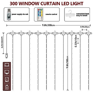 HOME LIGHTING Window Curtain String Lights, 300 LED 8 Lighting Modes Fairy Copper Light with Remote, USB Powered Waterproof for Christmas Bedroom Party Wedding Home Garden Wall Decorations, Cool White
