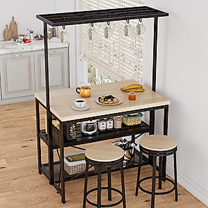 47" Large Kitchen Island Table Bakers Rack with Power Outlet and 3-Tier Storage-Microwave Stand Oven Shelf, Metal Coffee Bar Table ,Kitchen Storage Shelf for Dining Living Room, 5 Hooks，47"*28"*72"