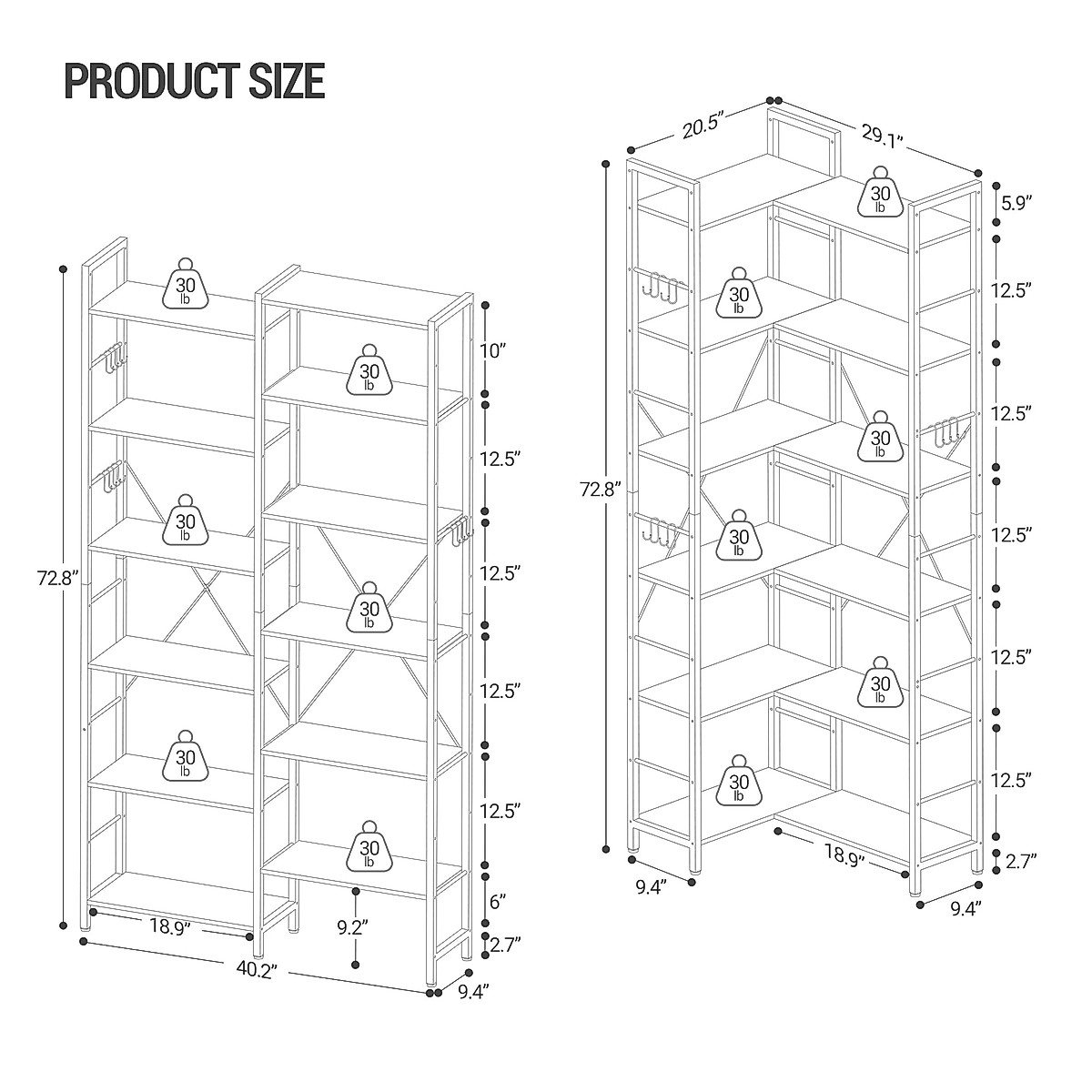 Hzuaneri Corner Bookshelf Bookcase, L-Shaped Industrial Bookshelves, Modern Tall Bookcases, Freestanding Display Shelf Storage Rack for Bedroom, Living Room, Home Office, 6-Tier Greige BC29605B