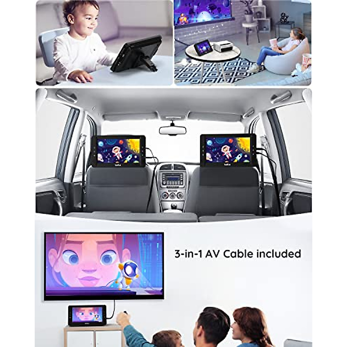 10.5" Portable DVD Player for Car, BOIFUN Dual Screen Car DVD Player with 7H Rechargeable Battery, HD Transmission, Support FM Out/USB/SD/Sync TV (1 Player + 1 Monitor + 2 Mounting Brackets)