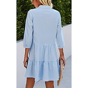 CCTOO Women’s Summer Dresses Casual V Neck Button Down 3/4 Sleeve Floral Print Loose Flowy Shirt Dress Blue Medium