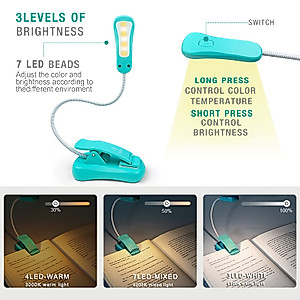 Vekkia/LuminoLite Rechargeable Book Light, 3 Colortemperature × 3 Brightness, Reading Lights for Reading in Bed, Up to 70 Hours Lighting, Great for Readers, Travel (Turquoise)