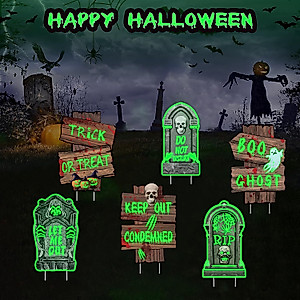 KORHONEN Halloween Tombstone Yard Sign Decorations, 6Pcs Glow in the Dark Halloween Decorations with Gravestone RIP and Beware Sign, Halloween Props for Yard Garden Outdoor Halloween Party Decor
