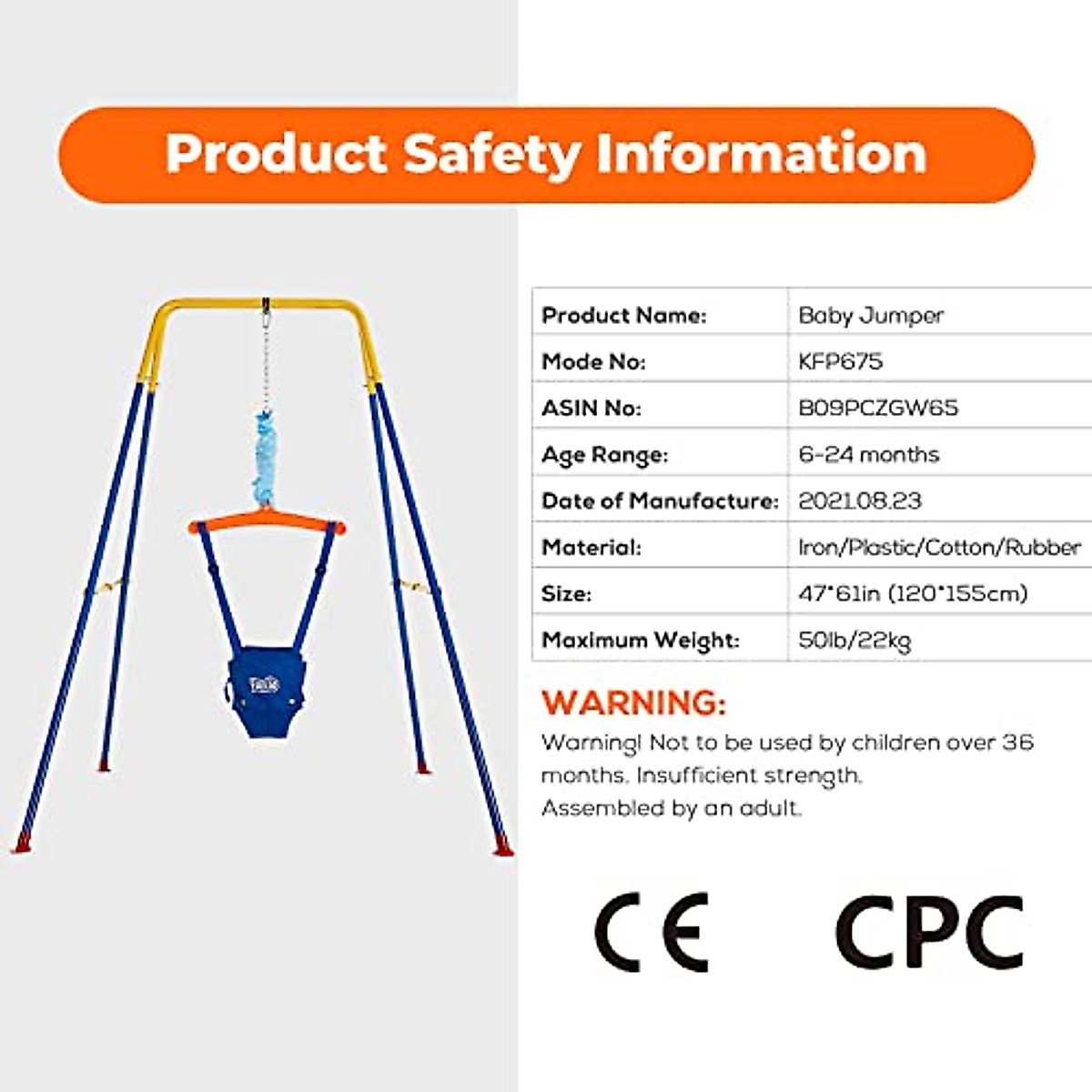 FUNLIO Baby Jumper with Stand for 6-24 Months, Infant Jumper for Indoor/Outdoor Play, Toddler Jumper for Baby Girl/Boy, with Adjustable Chain, Easy to Assemble & Store (with Stand)