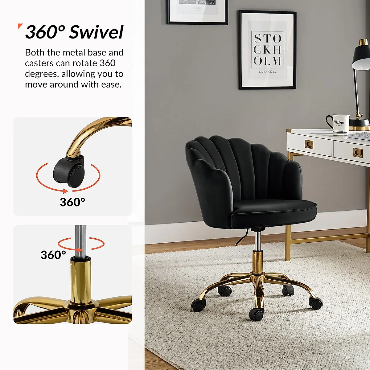 HULALA HOME Velvet Home Office Desk Chair, Modern Shell Back Makeup Vanity Chair with Wheels, Swivel Height Adjustable Cute Task Chair for Women Girls, Black