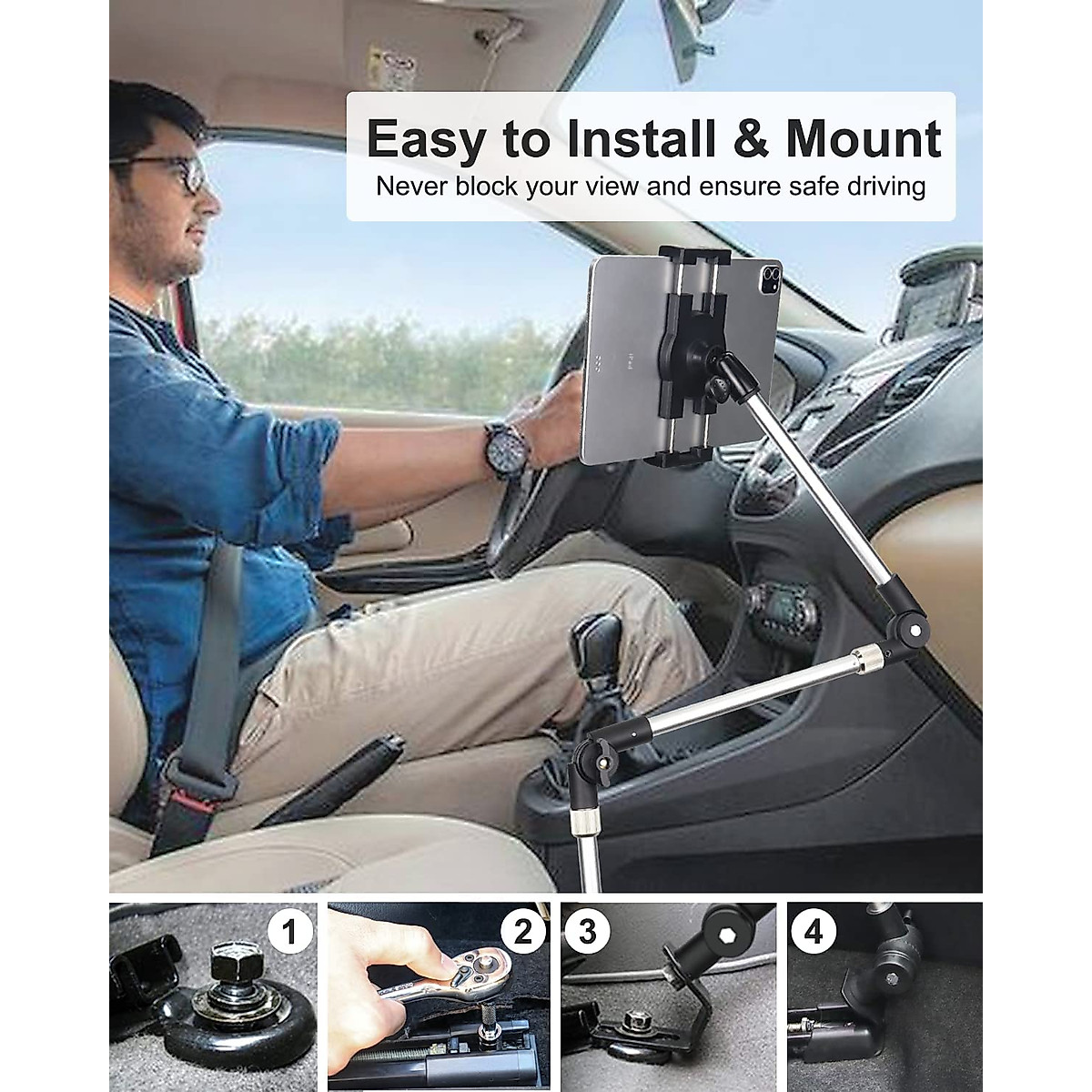 Aozcu Car or Truck Seat Rail Tablet Mount, 35" Metal Floor Seat Bolt Tablet Holder with 1/4" Adapter for Camera, Flexible Phone Stand for iPad 12.9 Air Mini, Galaxy Tabs, DSLR, 4-13'' Tablets