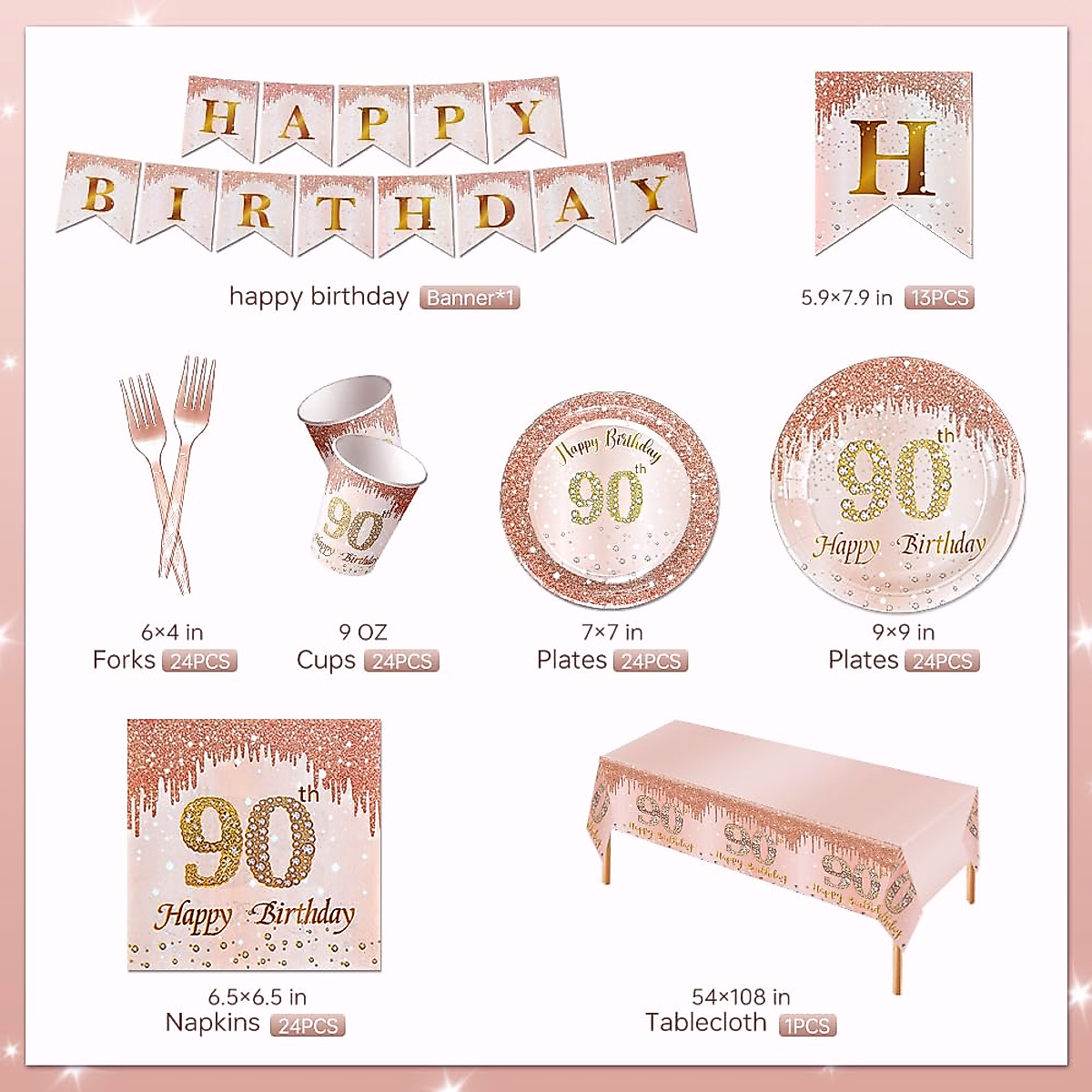 Visgo 90th Birthday Party Supplies for Women - 122 PCS 90th Birthday Decorations for Women, Serve 24 with Safe & Durable 90th Birthday Plates and Napkins -Complete 90th Birthday Party Decorations Set!