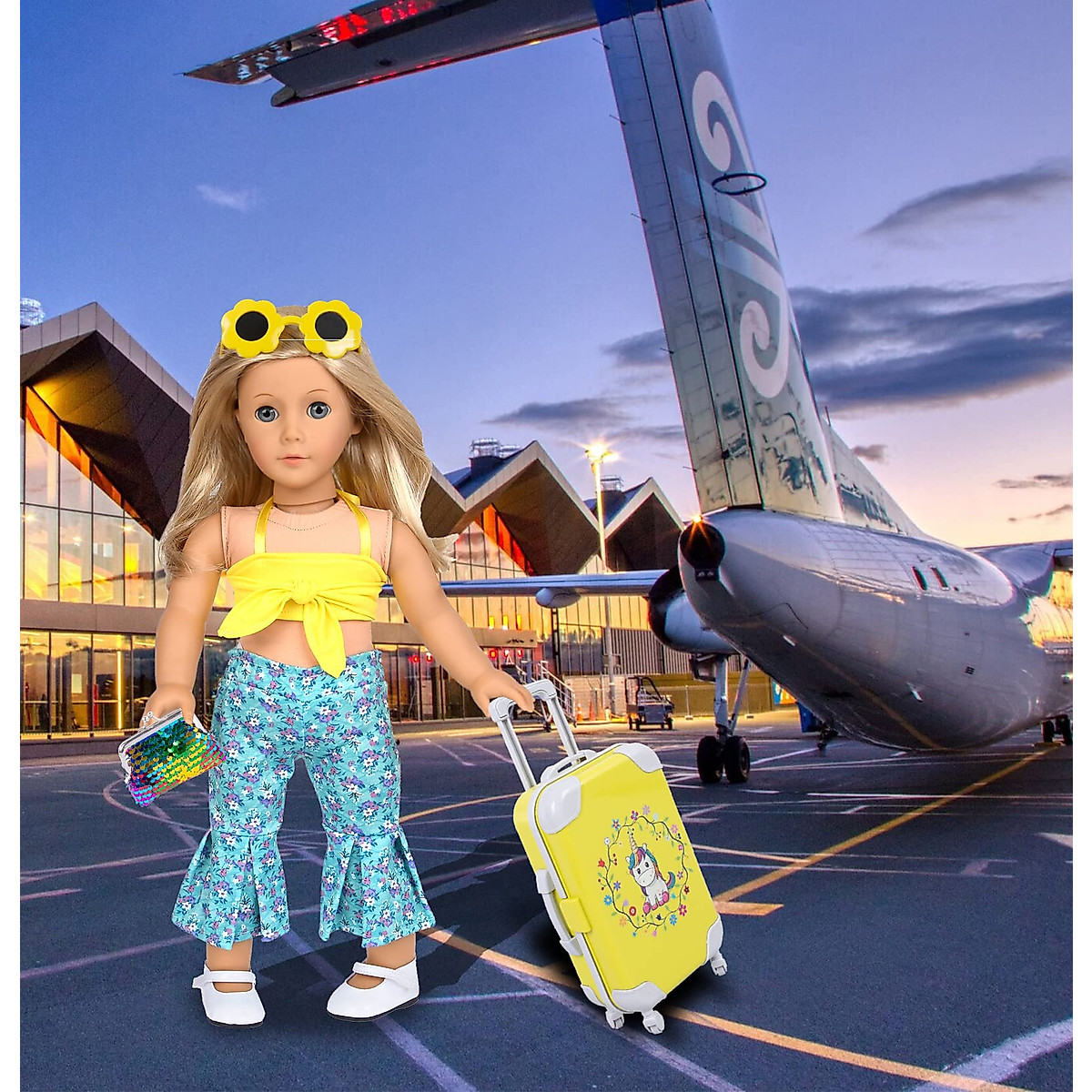 ebuddy Doll Clothes and Accessories 18 Inch Doll Travel Set with Unicorn Printed Luggage Suitcase Fit for 18 inch Girl Doll,Most 18 Inch Dolls(No Doll)