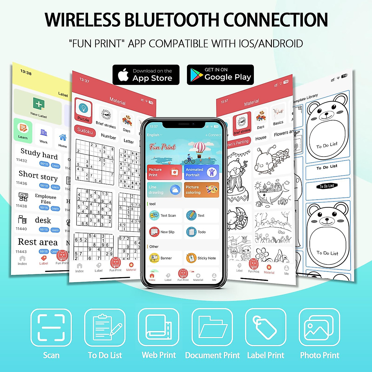 Wbacon Mini Sticker Printer- Portable Inkless Printer with 2 Rolls Paper, Pocket Printer for iPhone/Android, Bluetooth Smart Photo Printer for Journal, Memo, Travel, School Supplies, Blue