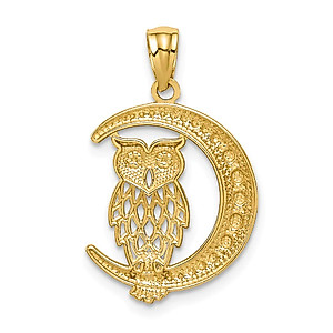 Solid 14k Yellow Gold Two Toned Diamond-Cut Owl on the Moon Pendant Charm