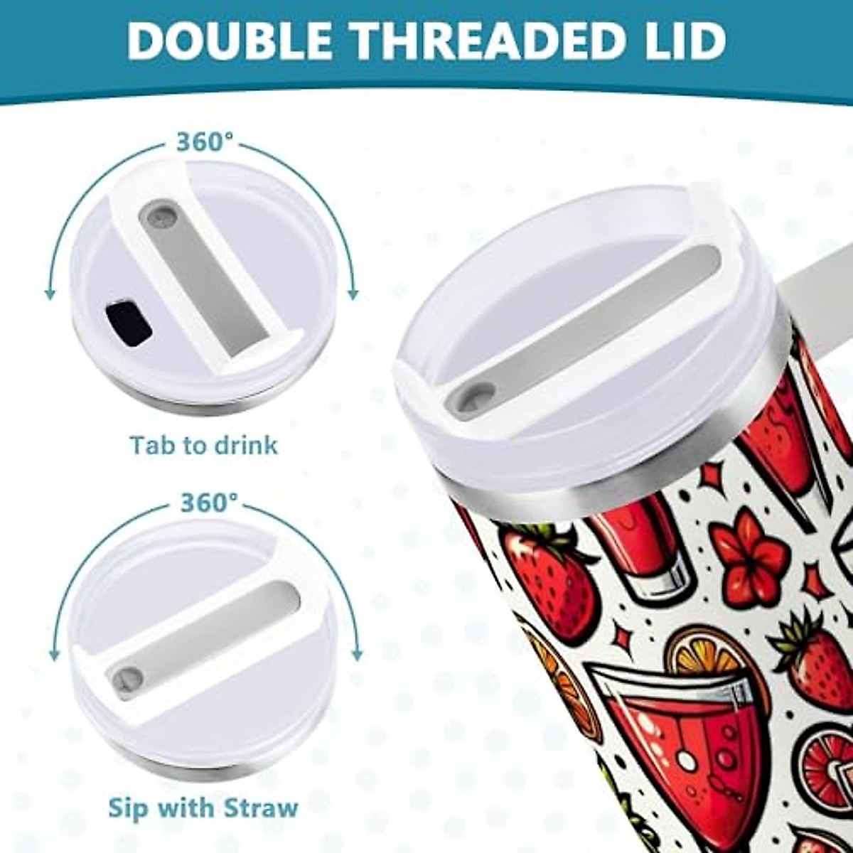 Jihqo Stropical Strawberry Cocktails 40 oz Stainless Steel Vacuum Insulated Tumbler with Handle and Straw Lid, Leakproof Water Bottle Double Wall Travel Mug Coffee Cup, Cupholder Friendly