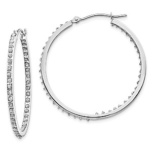 FB Jewels Solid 14K White Gold Diamond Fascination Round Hinged Hoop Earrings