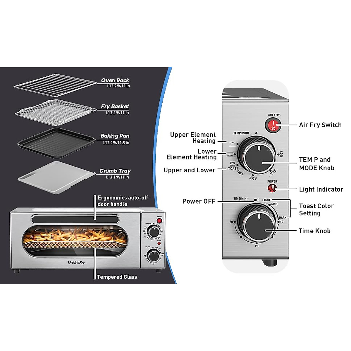 Unichefry Toaster Oven Air Fryer Combo with 4 Accessories, 1800W 15L Countertop Convection Toster Oven Fits 9 Slices or 12" Pizza, Stainless Steel with 4 Functions Including Convection, Bake & Broil