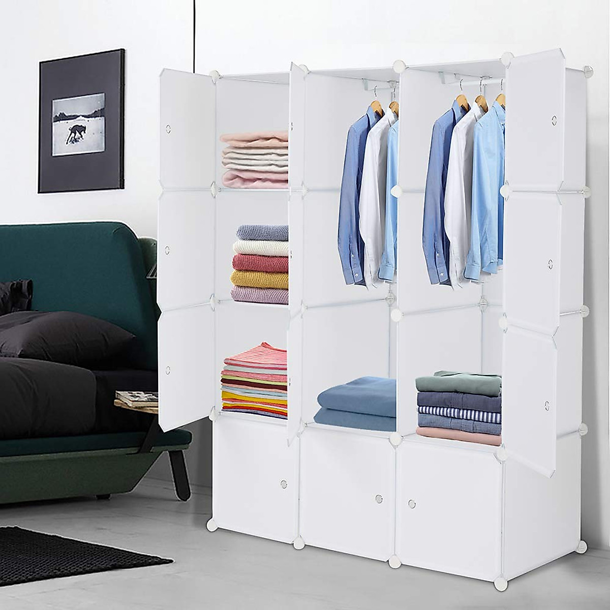 Practical and Stylish Multifunctional Modular Closet Cabinet with Stackable Plastic Cube Storage Shelves and Hanging Rod