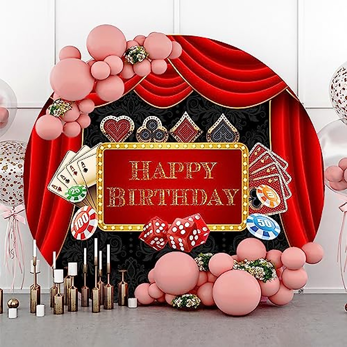 AWERT Polyester Diameter 3ft Happy Birthday Round Backdrop Casino Themed Dice Poker Chips Red Curtain Photography Background 1st Birthday Party Decoration Supplies Photo Studio Props