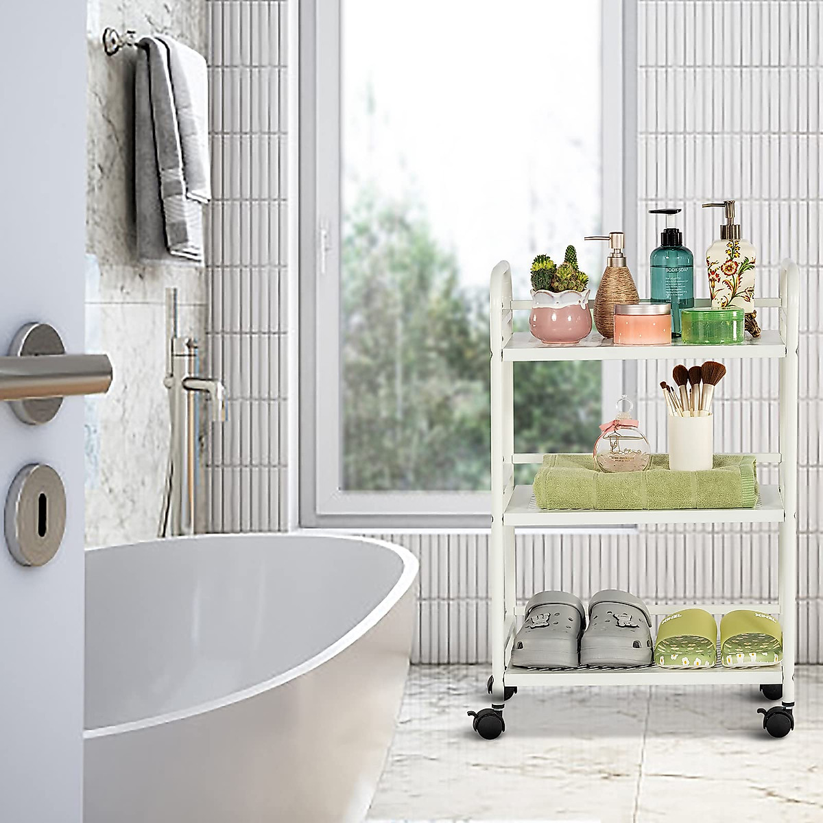 DCLRN 3 Tier Rolling Cart,Storage Organizer Cart,Multifunctional Storage Shelves,Rolling Metal Organization Cart with Handle and Lockable Wheels,for Home,Office,Kitchen,Bathroom(White)