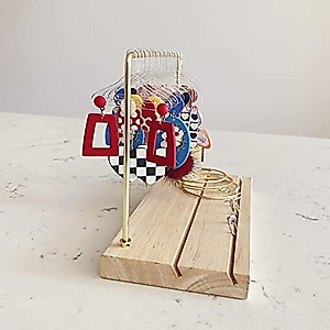 lemonadeus Unique Earring Hanger Rack Tabletop Jewelry Display Stand, Brass Metal Hanging Jewelry Towers clothing Rack Earring Holder with Rings Holder Wood Base
