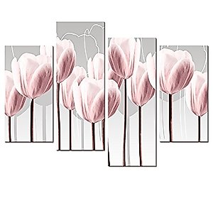 Floral Canvas Wall Art,Canvas Print Pink Tulips for Wall Decor, Framed and Stretched 4 Panels Elegant Flowers Canvas Prints (01 Pink Tulip)