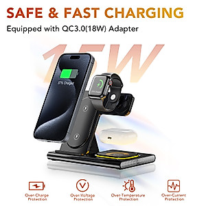 3 in 1 Foldable Charging Station for Apple Products,Fast Wireless Charger Travel Dock Adapter&Light for iPhone 15/14/13/12/11/X/XS/XR 8,iWatch Ultra2/9/Ultra/8/7/6/SE/5/4/3,Pods 3/2/Pro/2 (Black)