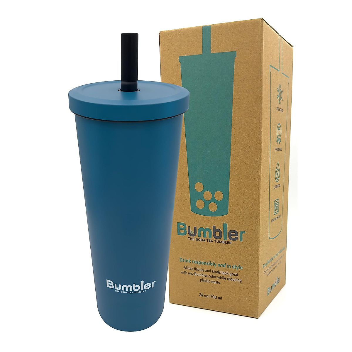 Stainless Steel Bubble Tea Cup - Bumbler 24oz Large Reusable Eco-Friendly Tumbler with Wide Soft Tip Metal Straw, Leak-Proof Lid - for Boba, Smoothies, Iced Coffee, Hot or Cold Drinks - Blue Eclipse