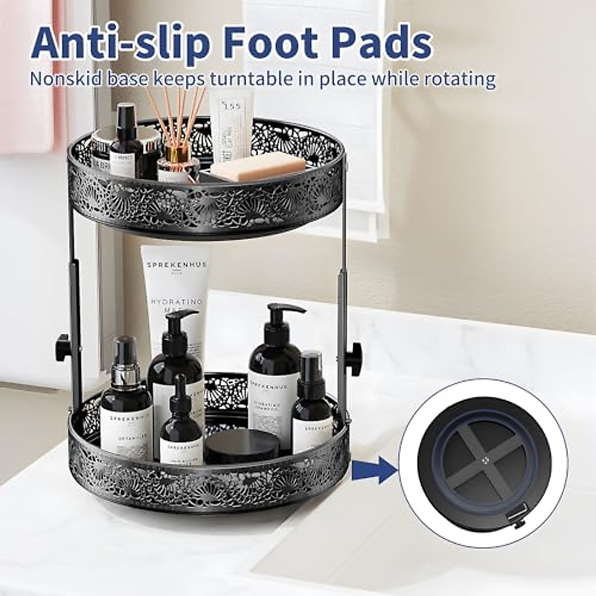 2 Tier Lazy Susan Organizer, 2 Pack 11&12 Inch Lazy Susan Turntable for Cabinet Table, MESHDO Height Adjustable Cabinet Organizer Spice Rack with Non-Slip Pad for Kitchen Bathroom Pantry(Metal, Black)