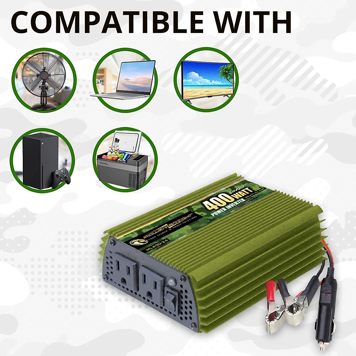 PowerBright 400 Watt Power Inverter, DC 24V to 120V AC Car Inverter, Modified Sine Wave with 120V AC Outlets, Car Battery Cables w/Alligator Clips & Car Cigarette Lighter Plug Adapter - CE Approved