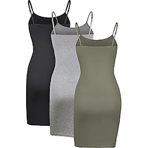 WILLBOND 3 Pieces Basic Cami Women Long Tanks Dress with Strap, Solid Color (Black, Grey, Army Green,Large)