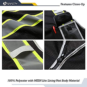 JKSafety 3 Pockets High Visibility Zipper Front Safety Vest MESH Lite | Black with Dual Tone High Reflective Strips | Meets ANSI/ISEA Standards (99-Black, Medium)
