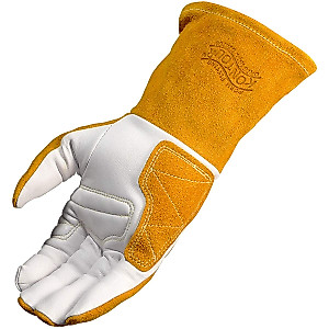 Caiman Premium Goat Grain TIG/Multi-task Welding Gloves, Split Cowhide Back, 4-inch Kontour Wrist Cuff, Unlined, Kevlar Sewn, White/Gold, Large (1540-5)