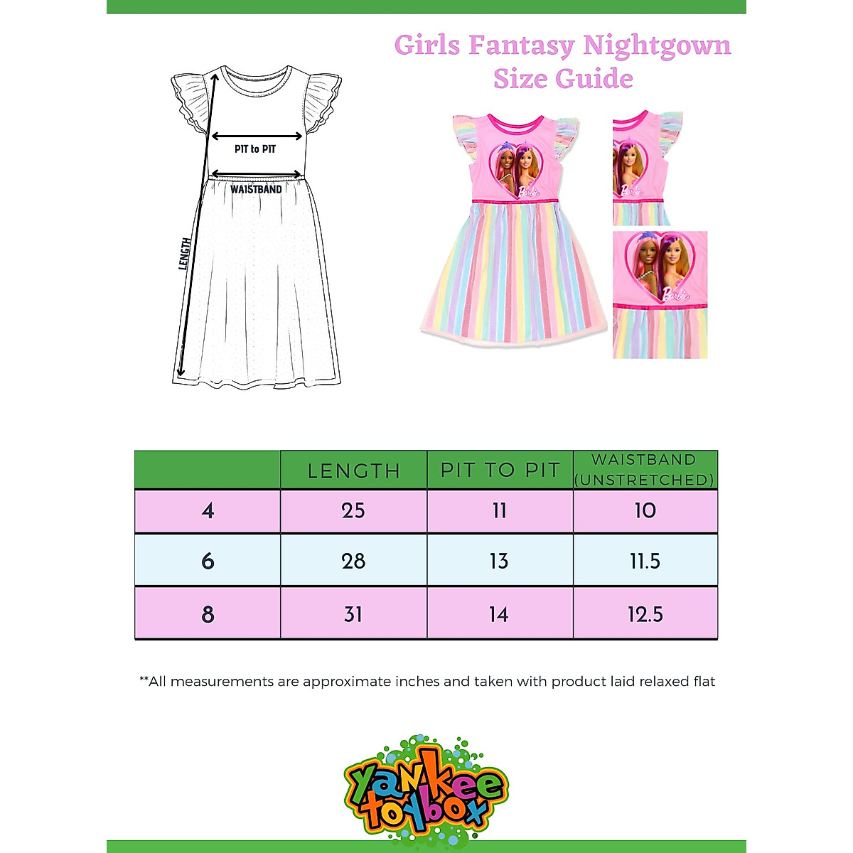 Barbie Girl's Rainbow Dress Up Fantasy Gown Nightgown Pajamas (6, Pink)