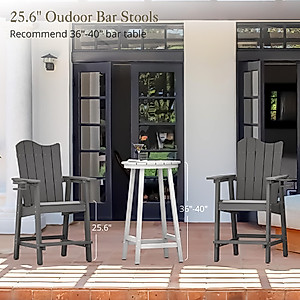 LUE BONA Tall Adirondack Chairs Set of 2 with Removable Table, HDPS Wave Design Poly Adirondack Bar Stools with Cup Holder, 25.6", Heavy Duty Outdoor Bar stools for Balcony, Deck, Backyard,Dark Grey