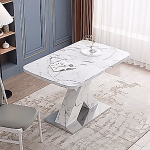 Modern Marble Top Dining Table, Extendable Marble Dining Table for 4-6, Expandable Dining Table with Faux Marble Top and Crossed Pedestal Base, Large Dining Table for Dining Room Kitchen (White)