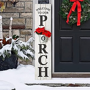Glitzhome 42"H Wooden Welcome Porch Sign for Front Door with Cute Metal Hanging Planter, Washed White
