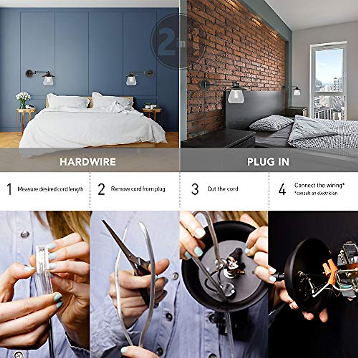 Globe Electric 51543 Nate 1-Light Plug-in or Hardwire Swing Arm Wall Sconce, Oil Rubbed Bronze, Clear Glass Shade, 6ft Black Fabric Covered Cord, Inline On/Off Rocker Switch