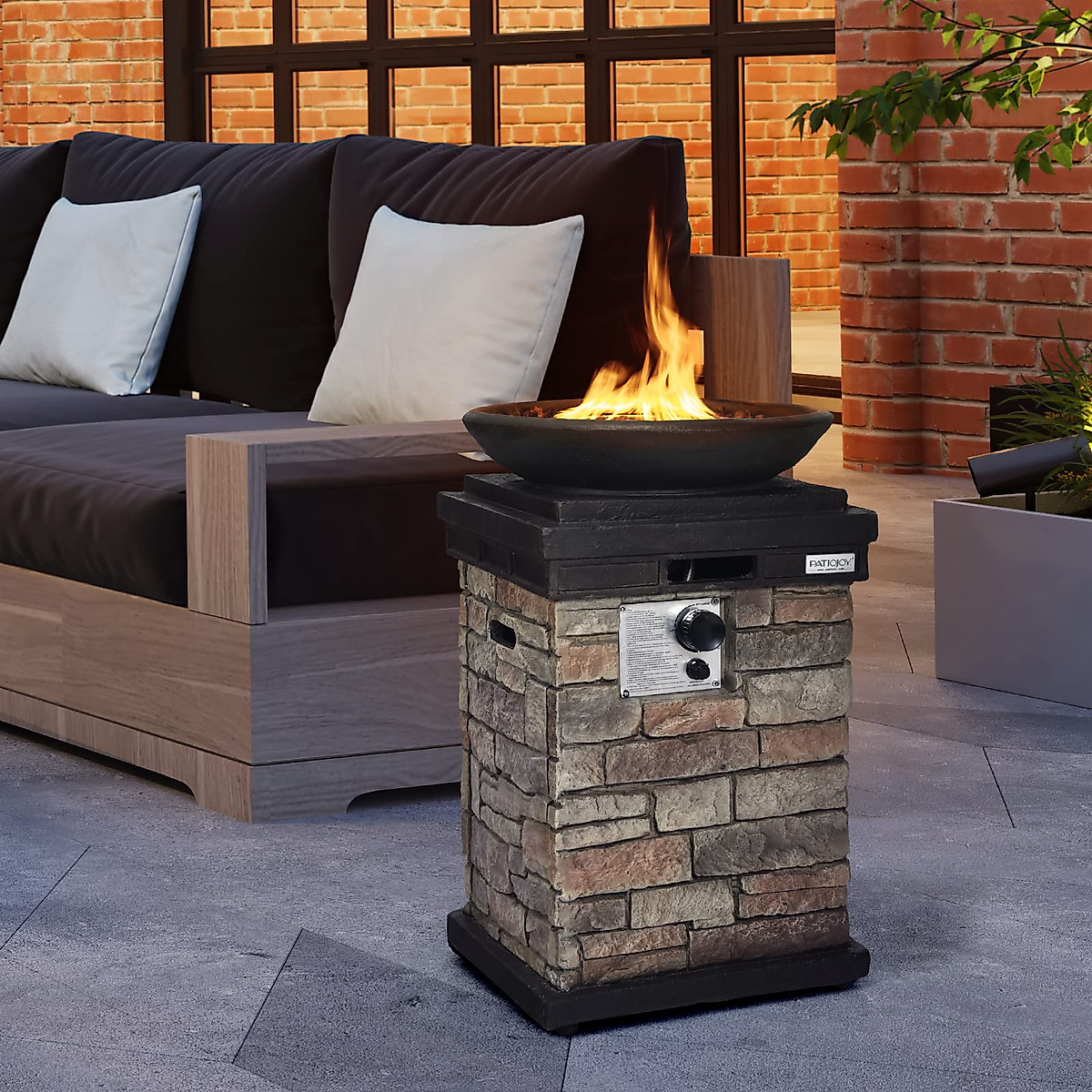 Tangkula Patio Propane Fire Bowl, Patiojoy 40,000BTU Square Fire Pit with Round Bowl, Lava Rocks & Waterproof Cover, Faux Stone Fire Pit Table for Outside Courtyard, Patio, Porch (Natural Stone)