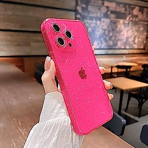 MINSCOSE Compatible with iPhone 14 Pro Max Case 6.7 inch, Cute Neon Bright Color with Bling Glitter Diamond Camera Protector, Clear Crystal Phone Case Shockproof Sparkle Len for Women Girls-Hot Pink