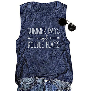 Summer Days and Double Plays Tank Tops Women Funny Baseball Shirt Casual Sleeveless Softball Muscle Tank Vest (Blue, L)