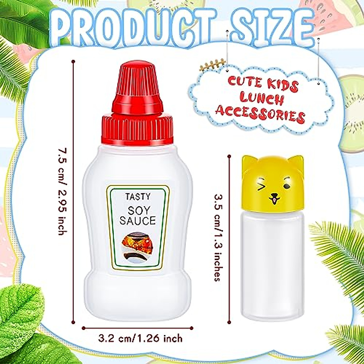 26 Pcs Lunch Bento Soy Sauce Case Container 5 Mini Plastic Condiment Squeeze Bottles Cute Kids Lunch Accessories with Dropper 20 Animal Food Picks for Honey Salad Sauces Oil Ketchup (Vivid Style)