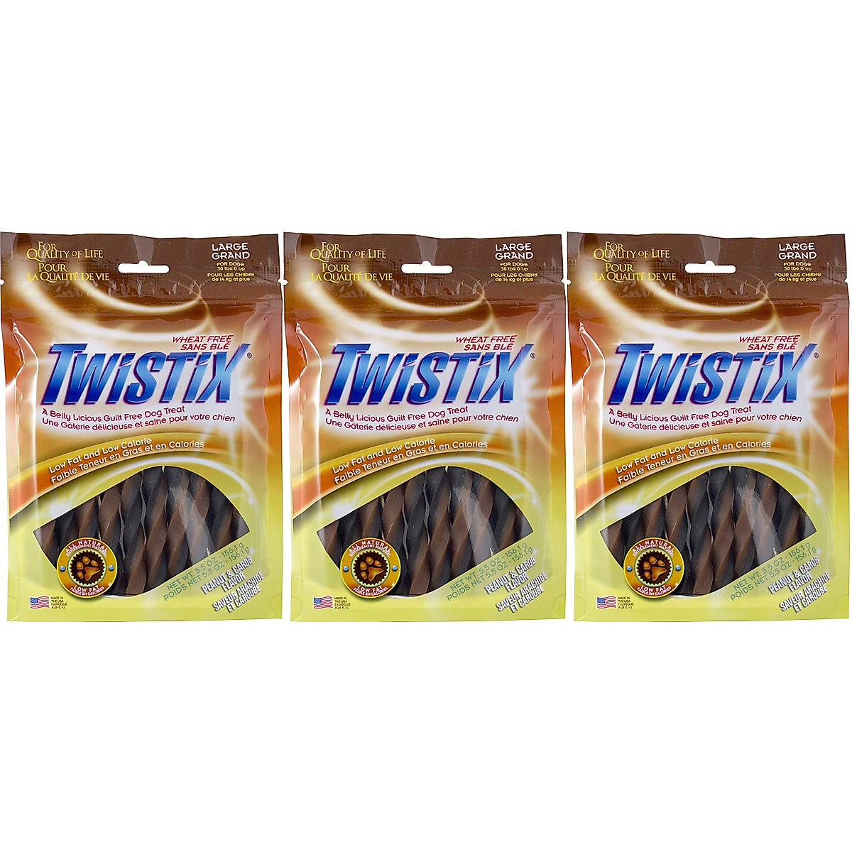 Twistix 3 Pack of Peanut and Carob Twistix Wheat-Free Chews, Large, for Dogs 30 Pounds and Up
