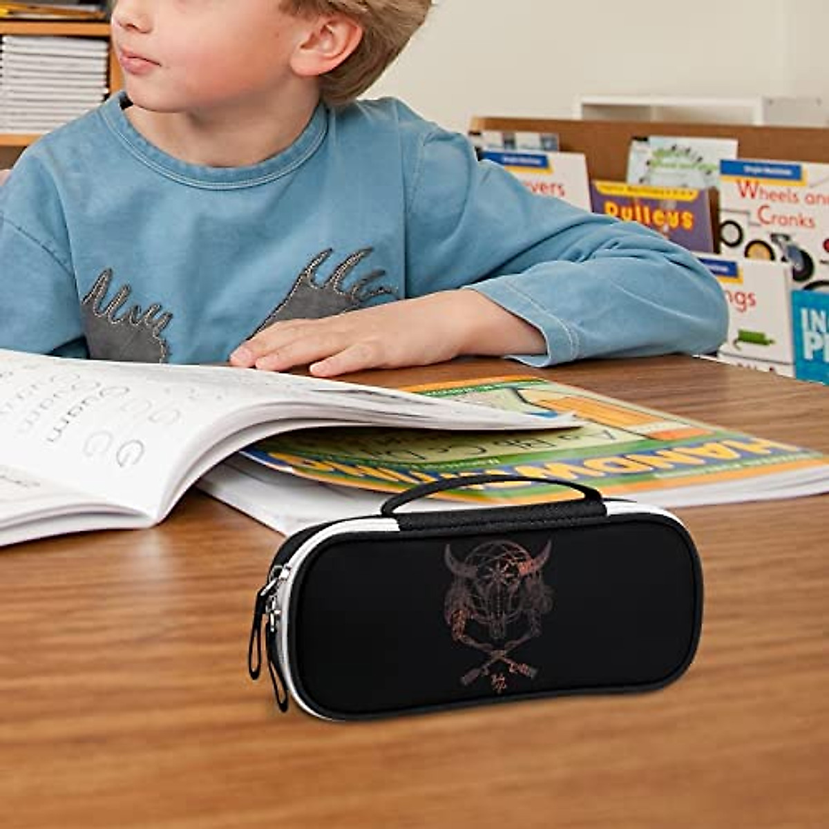 Boho Bull Skull with Indian Arrows Pencil Pen Case Portable Pen Bag with Zip Travel Makeup Bag Stationery Organizers for Home Office