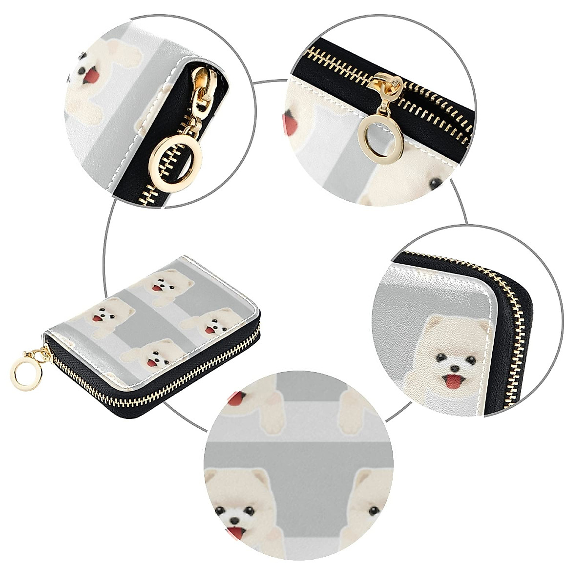 Pomeranian Dog Face Heads Seamless on White GreyGrey Credit Card Coin wallet, RFID Blocking Compact Women Leather Card Holder, Key Change Organizer, Zipper Purse Clutch Pouch Pocket
