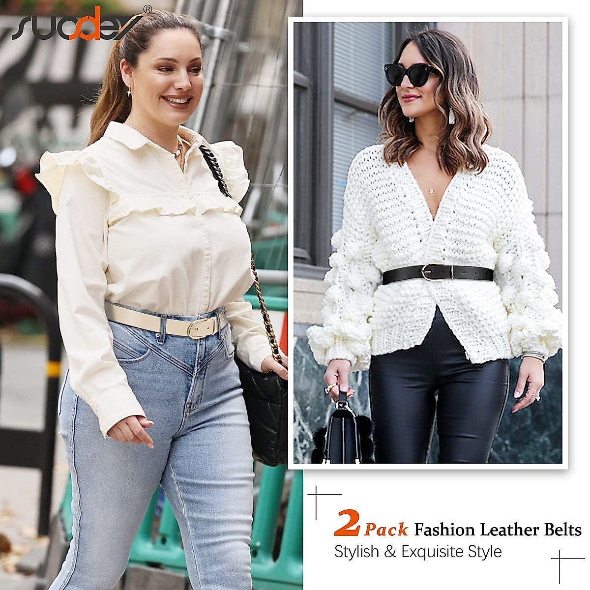 SUOSDEY 2 Pack Womens Fashion Leather Belts for Jeans Dresses Pants Black Brown Beige Ladies Belts with Gold Buckle