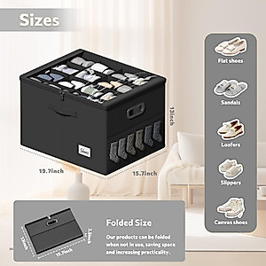 Shoe Organizer for Closet,Fits 16 Pairs,Leather Fabric Shoe Storage Bins with Clear Cover,Shoe Box Storage Containers,Adjustable Dividers for Storage with 4 Handles (Black, (19.7 * 15.7 * 13) x1)