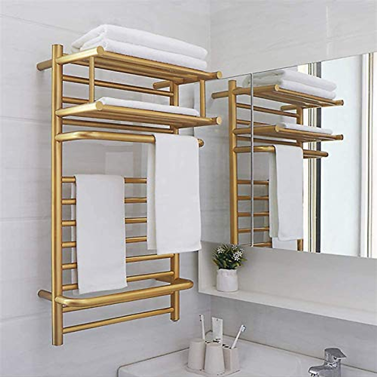 Bathroom Wall Heater Towel Warmers for Bathroom, Wall Mounted Electric Heated Towel Rack, 304 Stainless Steel Towel Dryer Rack Heated Towel Bars, Towel Rail Rack for Bathroom, Gold (Golden Hardwired
